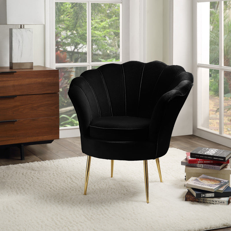 Angelina Black Velvet Scalloped Back Barrel Accent Chair with Metal Legs Free Shipping lowrysfurniturestore